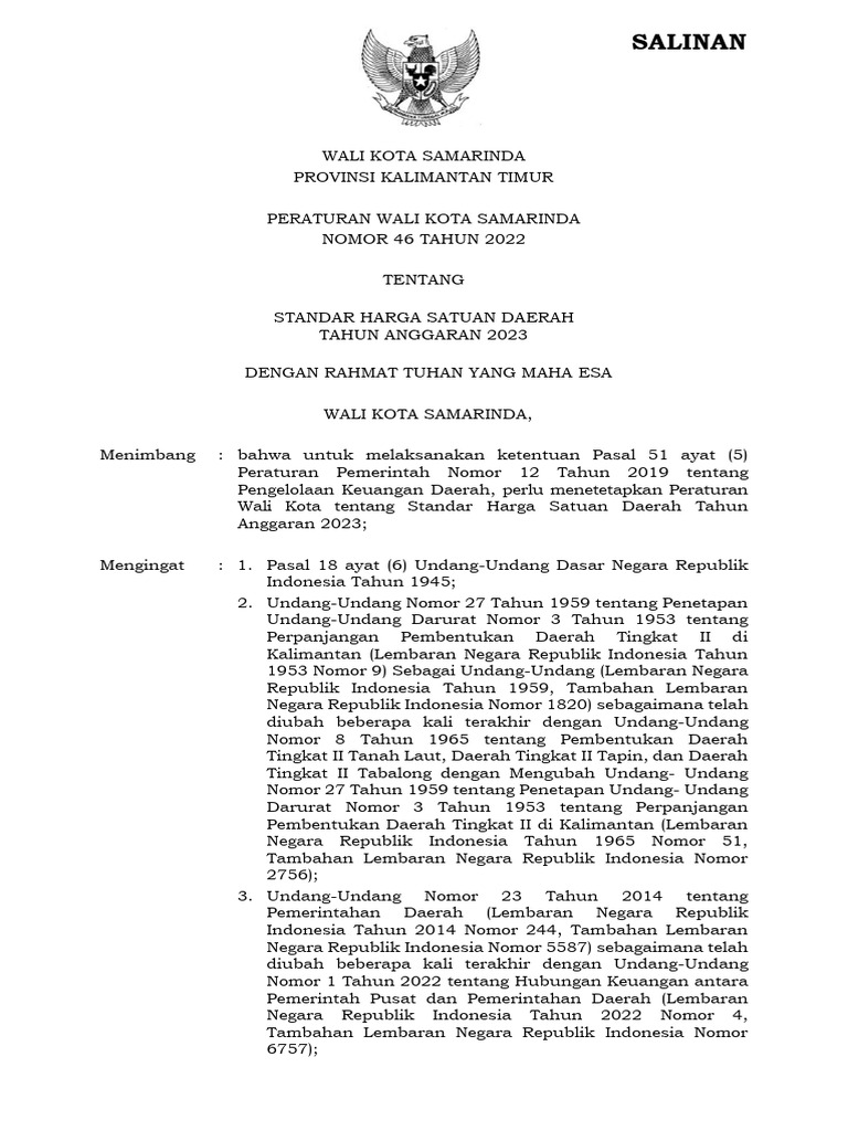Peraturan Wali Kota Samarinda Nomor 46 Tahun 2022 Tentang Standar Harga Satuan Daerah Tahun ...