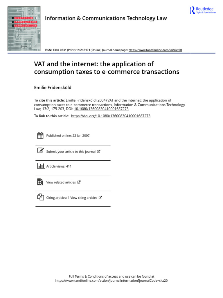VAT and The Internet The Application of Consumption Taxes To e Commerce ...