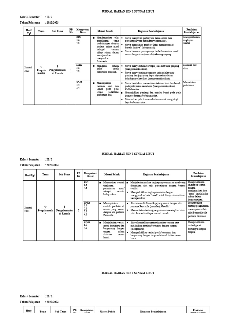 Jurnal Kelas 2 Tema 5 | PDF