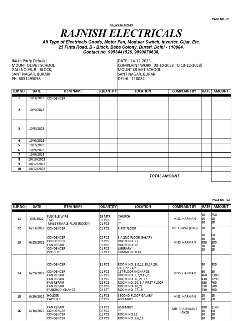 Bill Book | PDF | Electrical Components | Electrical Equipment
