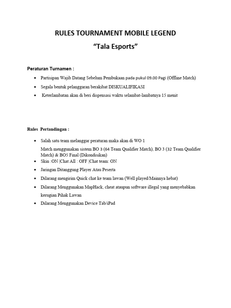 Peraturan Turnamen Mobile Legend Esports | PDF