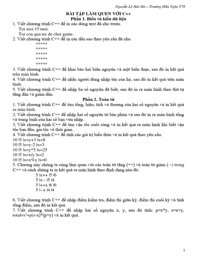 Bai Tap Lam Quen Voi C++ | PDF