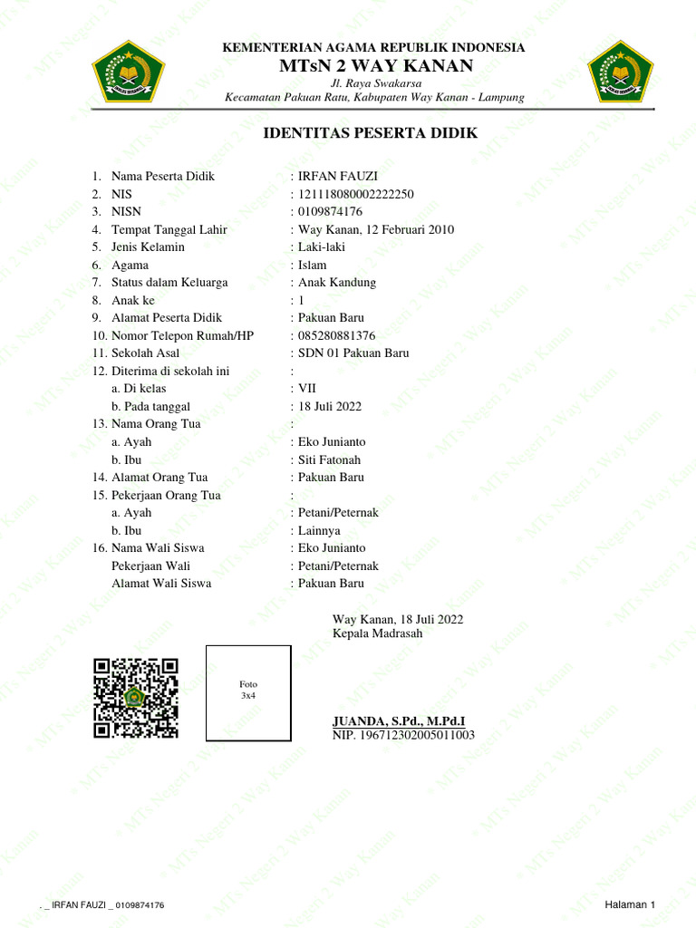 Identitas IRFAN FAUZI - 0109874176 | PDF