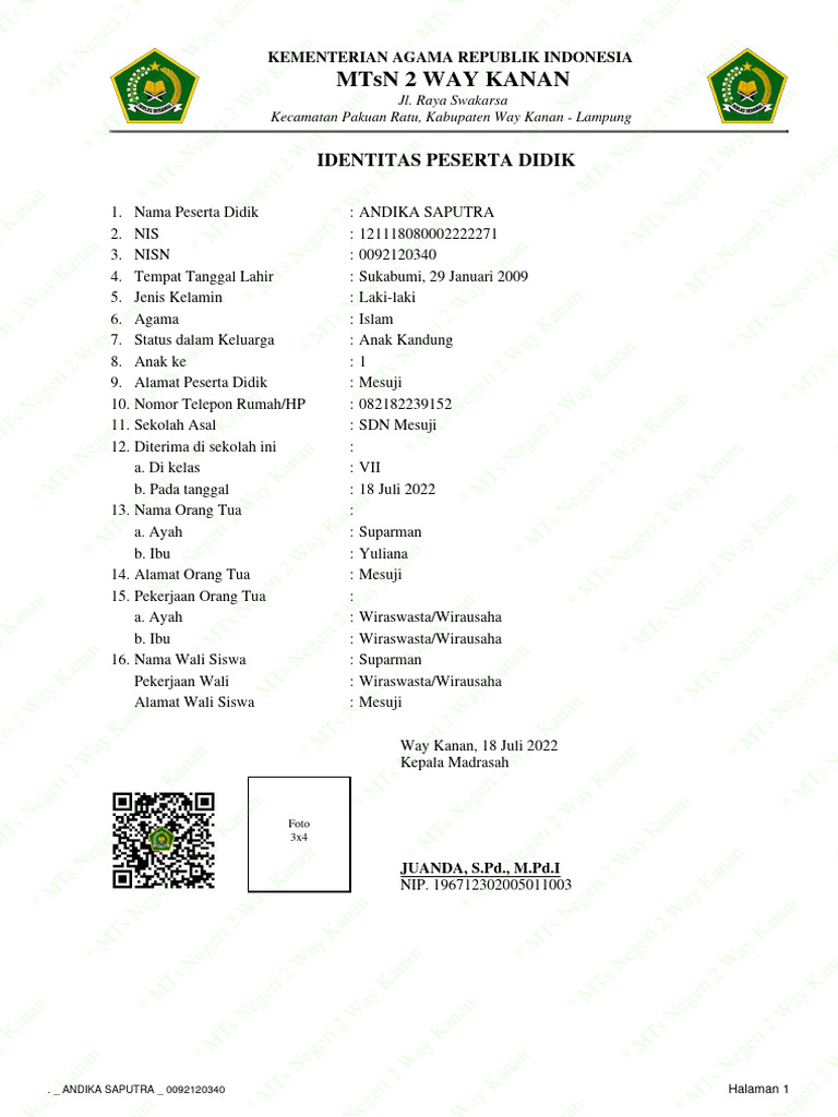 Identitas ANDIKA SAPUTRA - 0092120340 | PDF