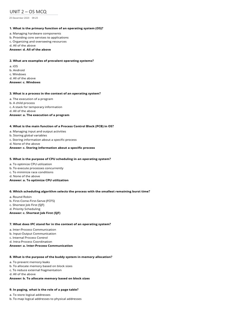 Operating System MCQ Exam Guide | PDF | Process (Computing) | Thread ...