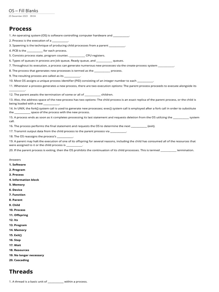 Computer Systems Unit 2 - Fill The Blanks | PDF | Scheduling (Computing) | Thread (Computing)
