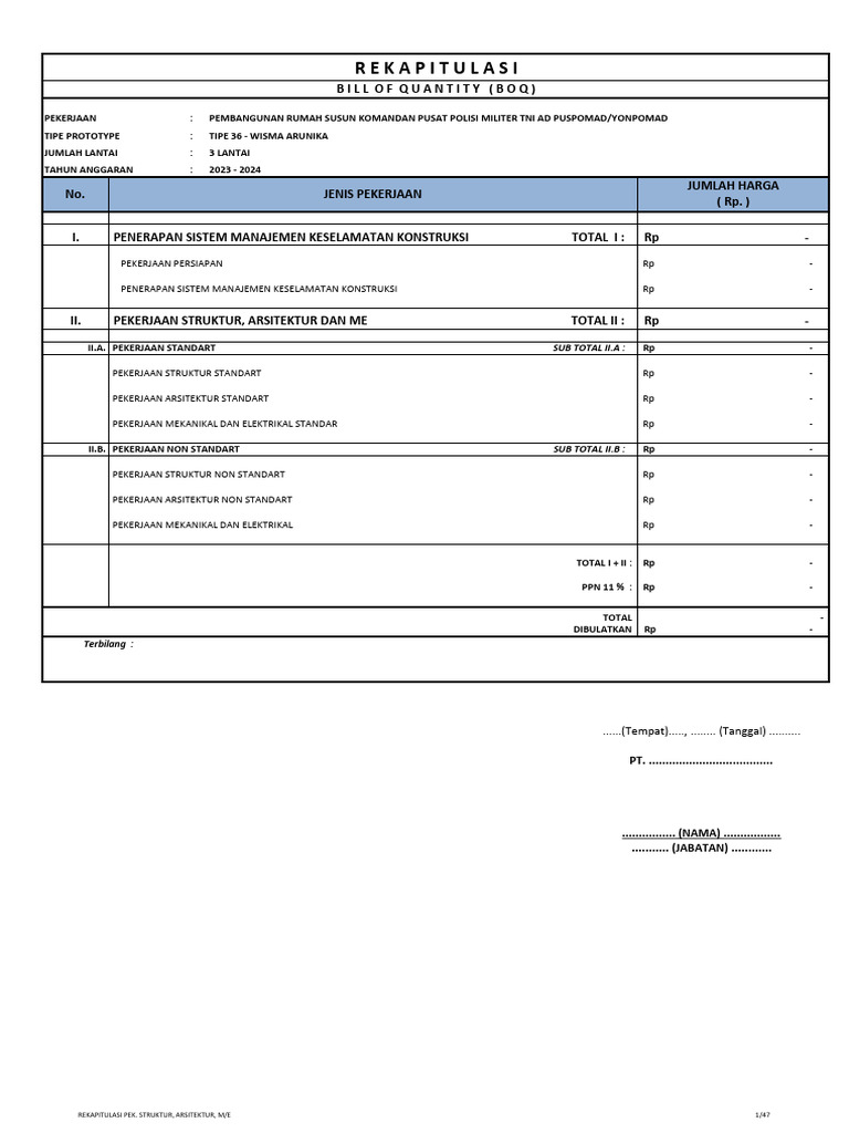 BOQ Pembangunan Rusun Komandan Pusat PM TNI AD YONPOMAD | PDF