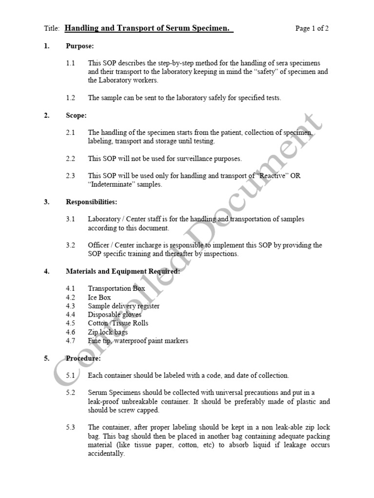 Handling Transport of Specimens | PDF
