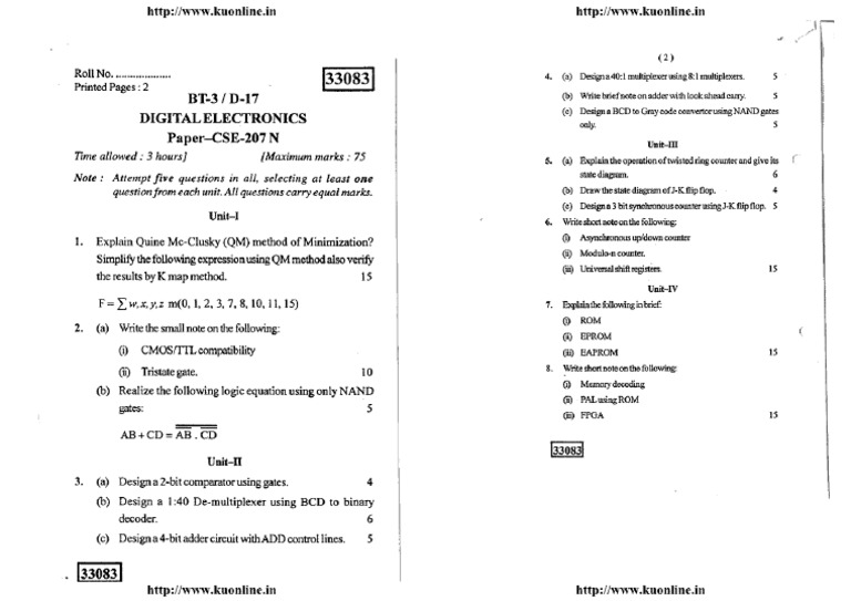 Btech Cse 3 Sem Digital Electronics 33083 Dec 2017 | PDF