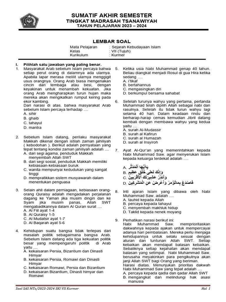 Soal Sas Ski Kelas 7 Kurmer Tapel 2023-2024 | PDF