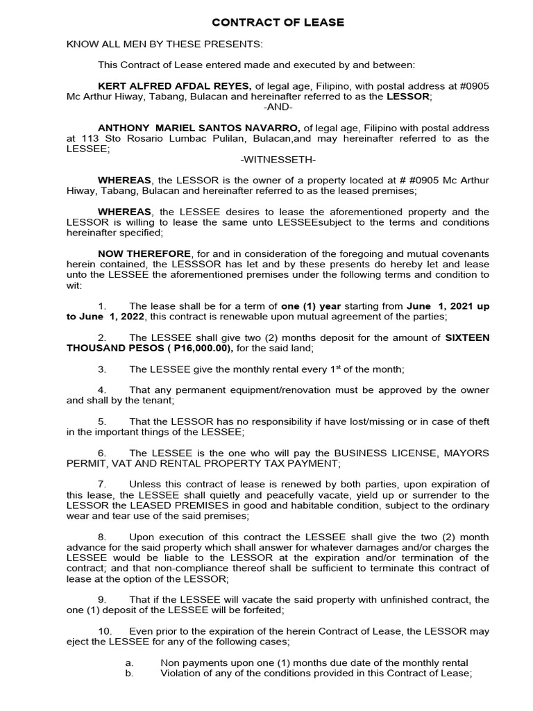 Contract of Lease (Kert Reyes) | PDF | Lease | Law And Economics