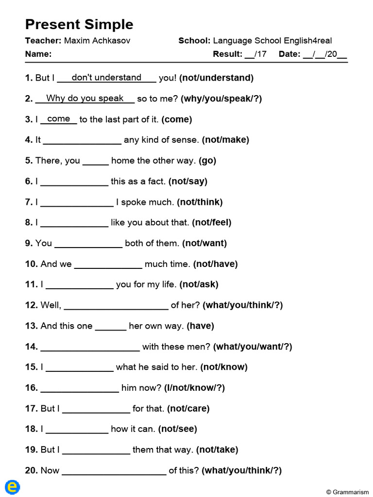 Present Simple 1 Exercise | PDF