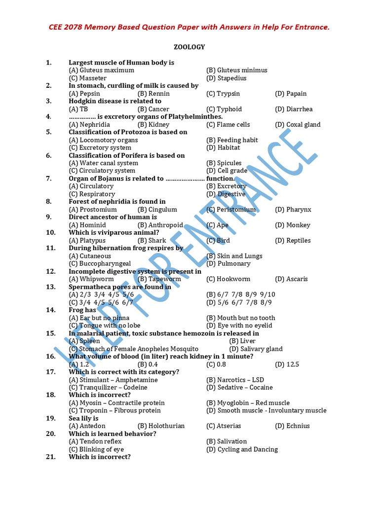 Cee 2078 Memory Based Question Paper in Help For Entrance App | PDF ...