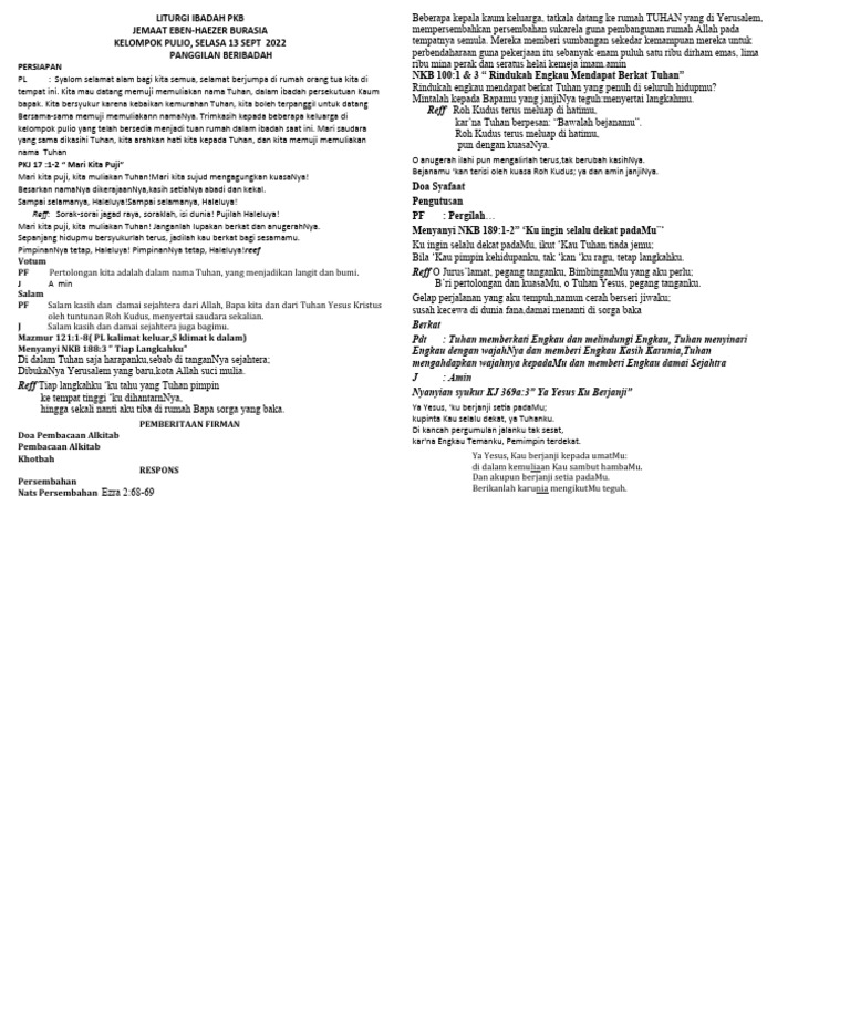 LITURGI IBADAH PKB 13 Sept 2022 | PDF