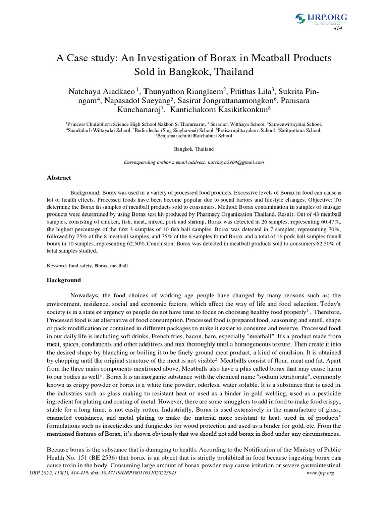 A Case Study: An Investigation of Borax in Meatball Products Sold in ...