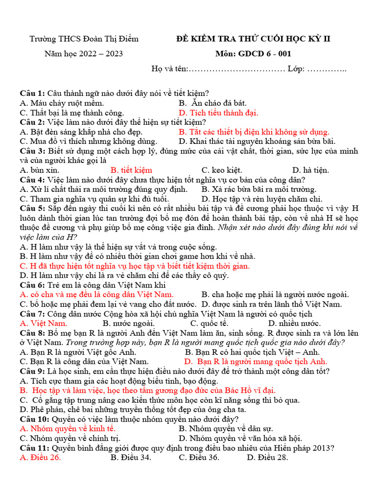 GDCD 6 - Đề kiểm tra thử - 001 | PDF