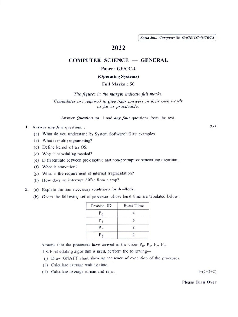 CU-2022 B.Sc. (General) Computer Science Semester-4 Paper-CC4-GE4 QP | PDF | Process (Computing ...