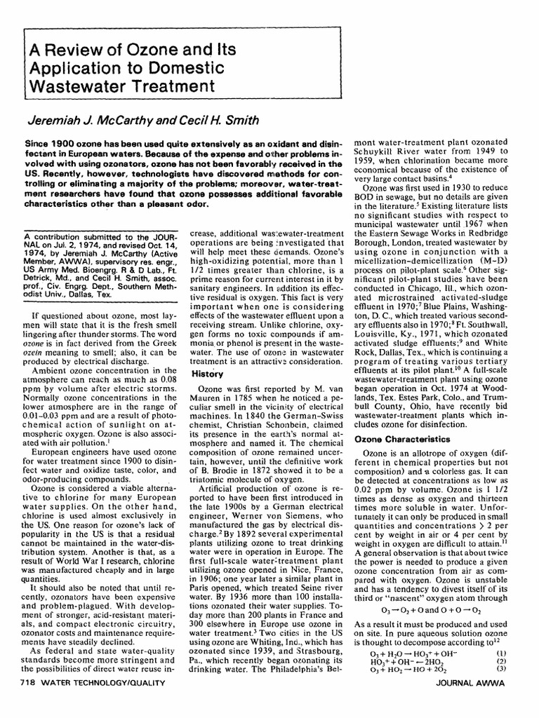 A Review of Ozone and Its Application To Domestic Wastewater Treatment - Mccarthy, Smith - 1974 ...