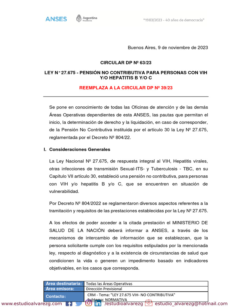 Circular DP-063-2023 LEY #27.675 - PENSIÓN NO CONTRIBUTIVA PARA PERSONAS CON VIH, HEPATITIS B Y ...