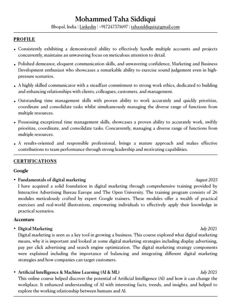 Mohammed Taha Siddiqui CV | PDF | Digital Marketing | Marketing