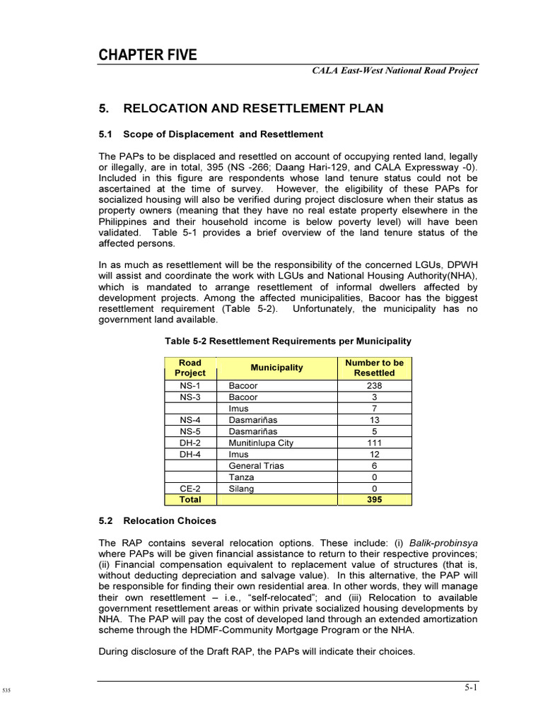 Chapter Five: 5. Relocation and Resettlement Plan | PDF | Non ...
