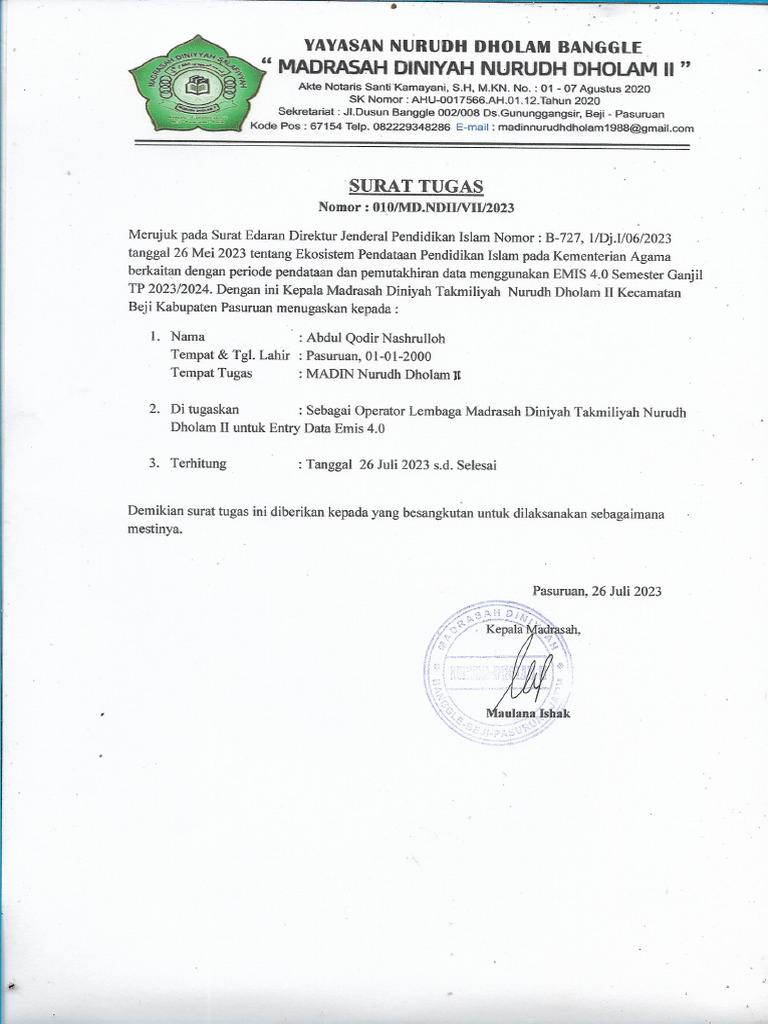 Surat Tugas Operator EMIS | PDF