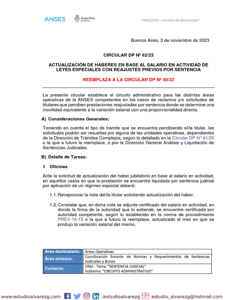 Circular Dp-062-2023 Actualización de Haberes en Base Al Salario en Actividad de Leyes ...