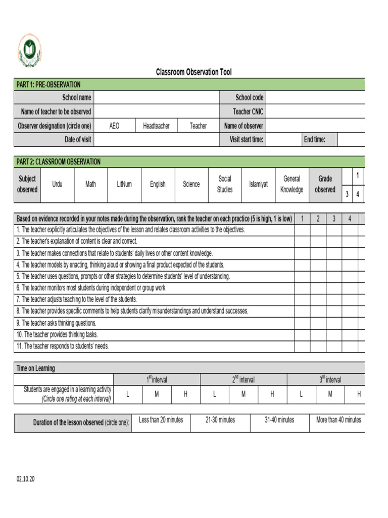 Classroom Observation Evaluation Tool | PDF | Teachers | Learning