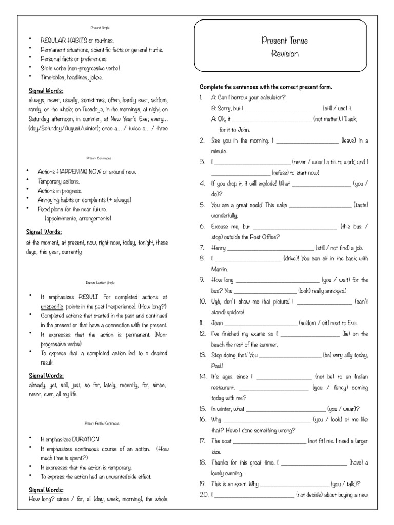 Present Tenses Revision Grammar Drills - 93083 | PDF | Linguistics | Syntax