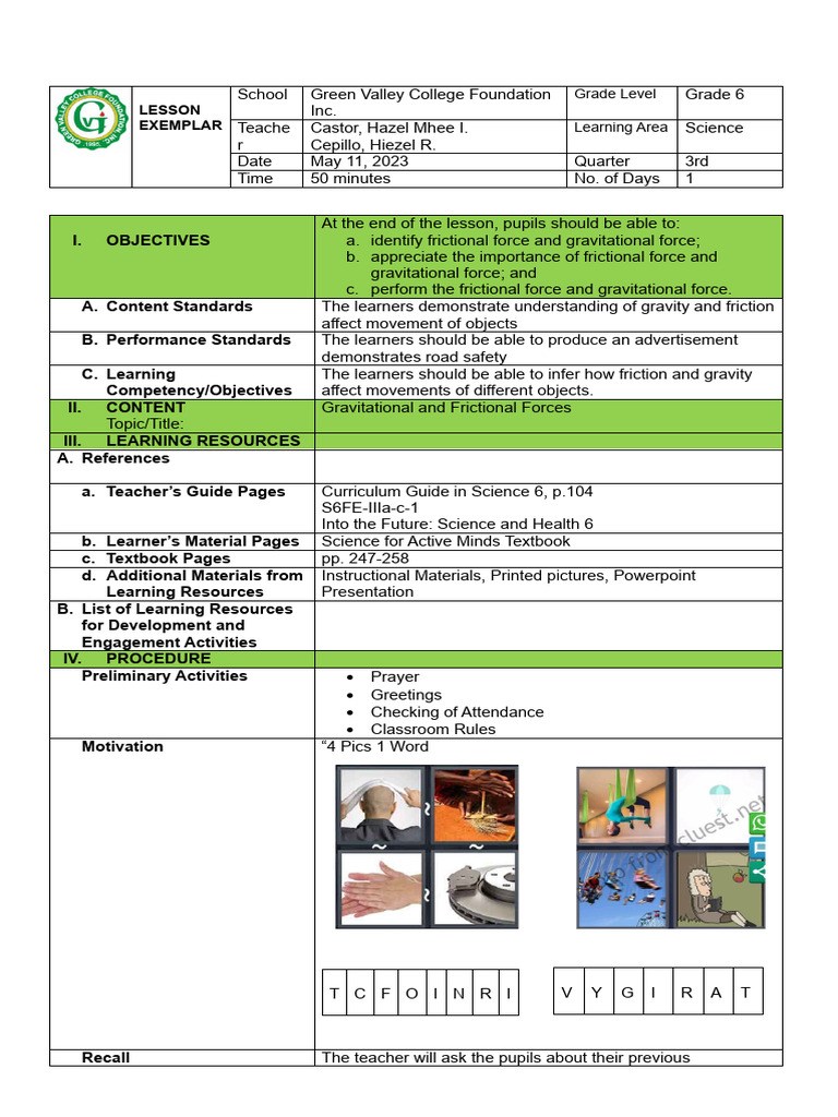 Lesson Plan Science6 | PDF | Force | Gravity
