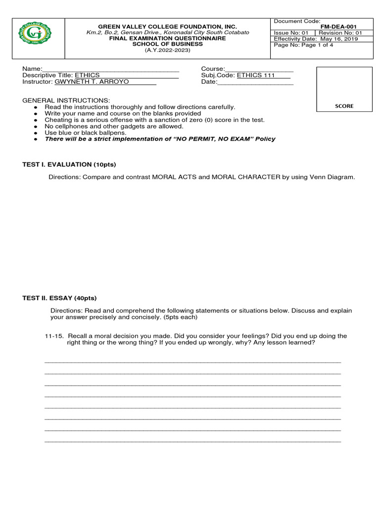 Agustin Ethics Final Exam | PDF | Human Communication