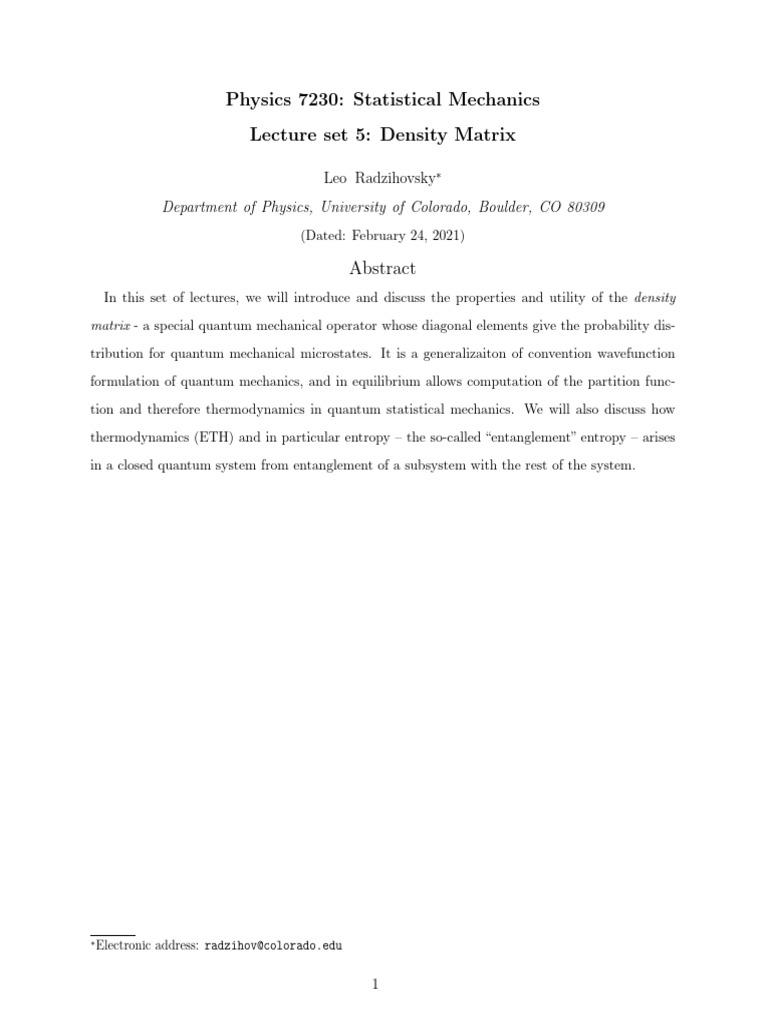 Lecture 5 Density Matrix 7230 | PDF