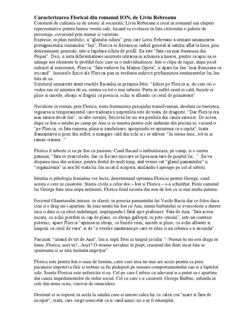 Caracterizarea Floricai Din Romanul ION | PDF