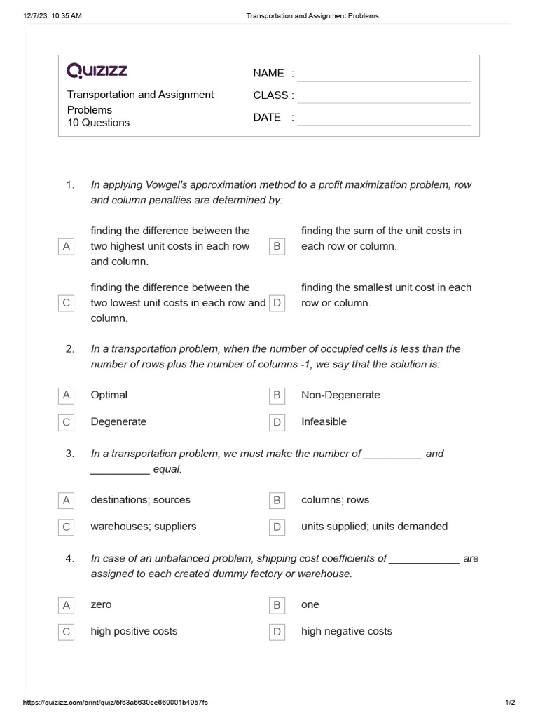Transportation and Assignment Problems - Quiz | PDF | Mathematical Analysis | Algorithms