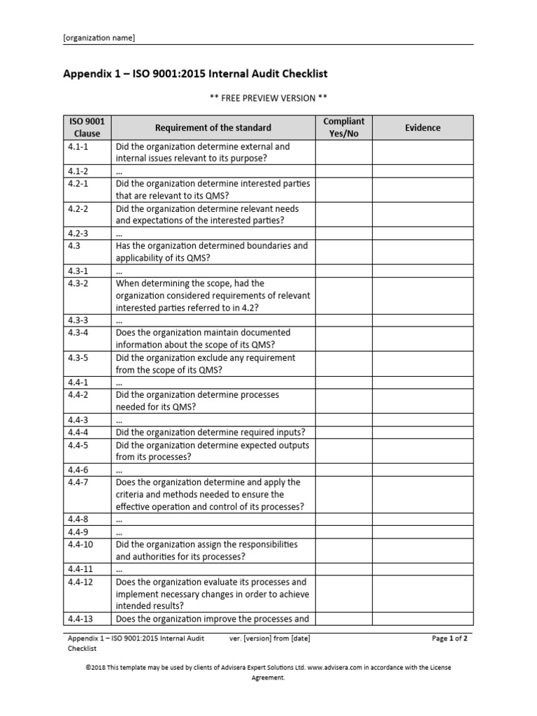 21.1_Appendix_1_ISO_9001_2015_Internal_Audit_Checklist_Integrated_Preview_EN | PDF | Quality ...