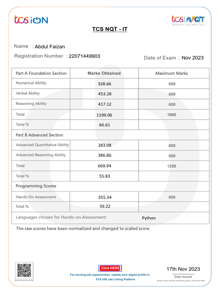Abdul Faizan 22071449903 Nov 2023: Tcs NQT - It | PDF