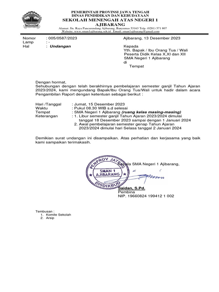 Surat Pemberitahuan Pengambilan Raport Semester Ganjil TA 2023-2024 | PDF