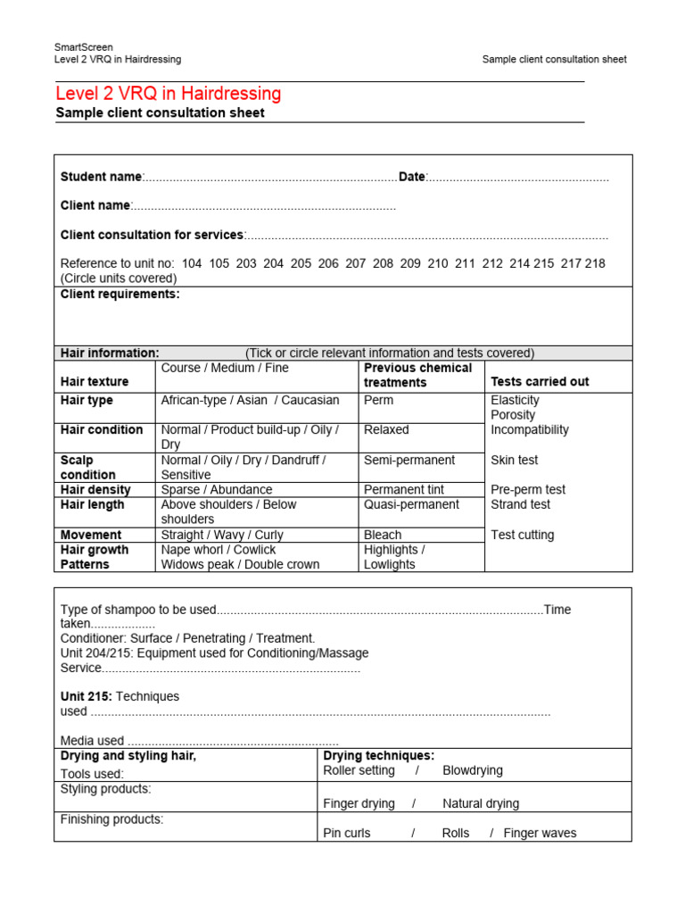 l2 Sample Client Consultation Sheet | PDF | Hair | Hairdresser