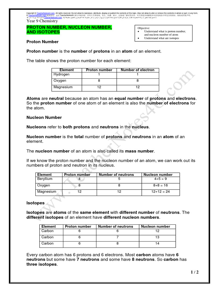 c9 - 8 3 - Proton Number Nucleon Number Isotopes | PDF | Proton | Atoms