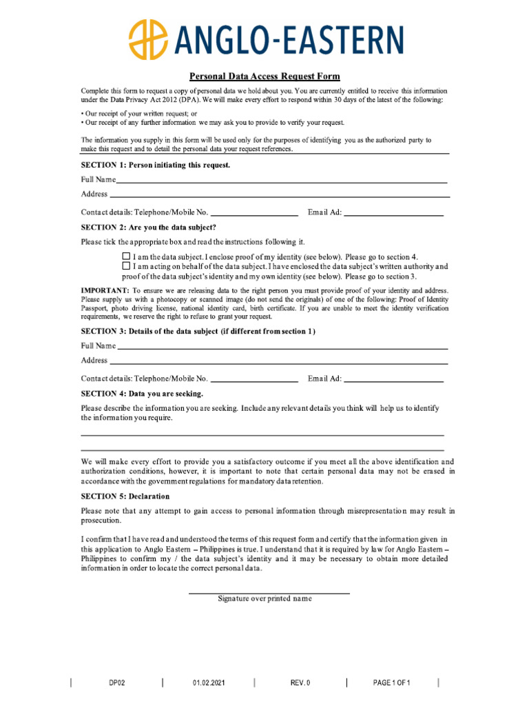 Personal Data Access Request Form | PDF