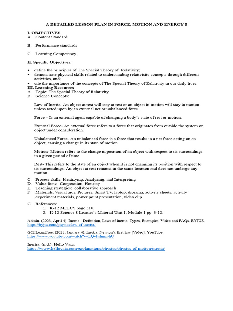 Caress Lesson Plan (Final) | PDF | Force | Theory Of Relativity