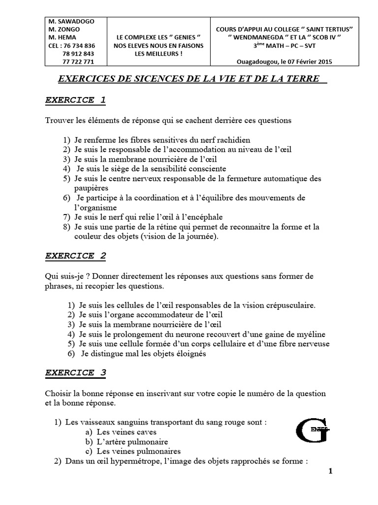 Exo SVT 3ème | PDF | Groupe sanguin | Nerf