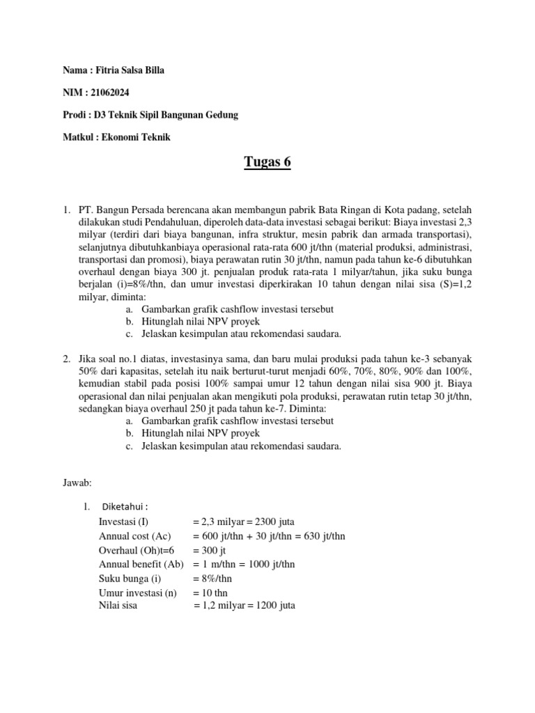 Fitria Salsa Billa - 21062024 - Tugas 6 Ekonomi Teknik | PDF