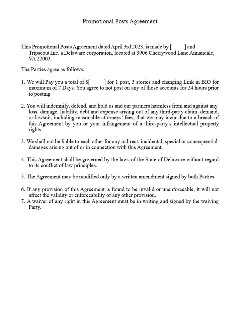 Promotional Posts Agreement Template | PDF | Social Science
