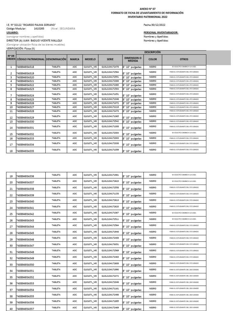 Anexo 7 Inventario | Descargar gratis PDF | Tableta | De entrada y salida