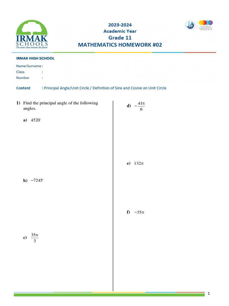 Homework 02 Principal Angle Unit Circle Definition Of Sine And Cosine On Unit Circle Pdf 