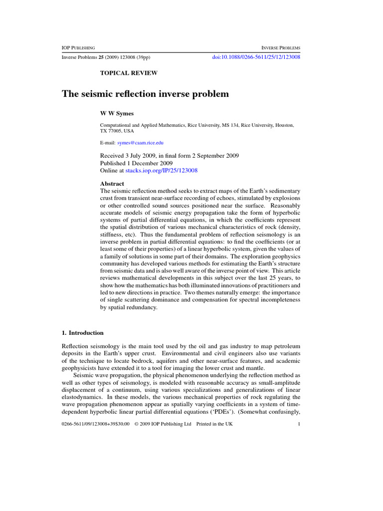 Symes - 2009 - The Seismic Reflection Inverse Problem | PDF | Inverse Problem | Reflection ...