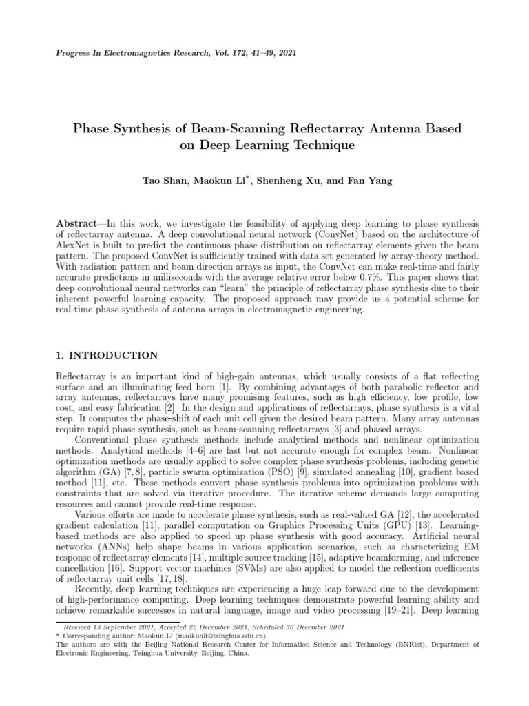 Phase Synthesis of Beam-Scanning Reflectarray Antenna Based On Deep Learning Technique | PDF