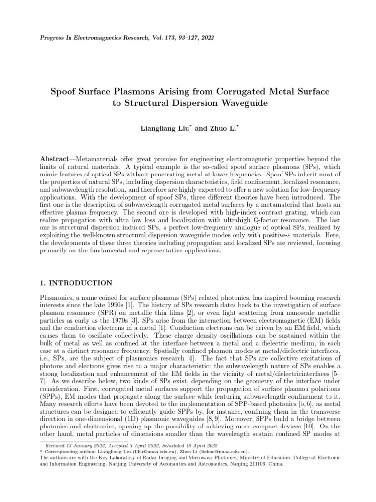Spoof Surface Plasmons Arising From Corrugated Metal Surface To ...