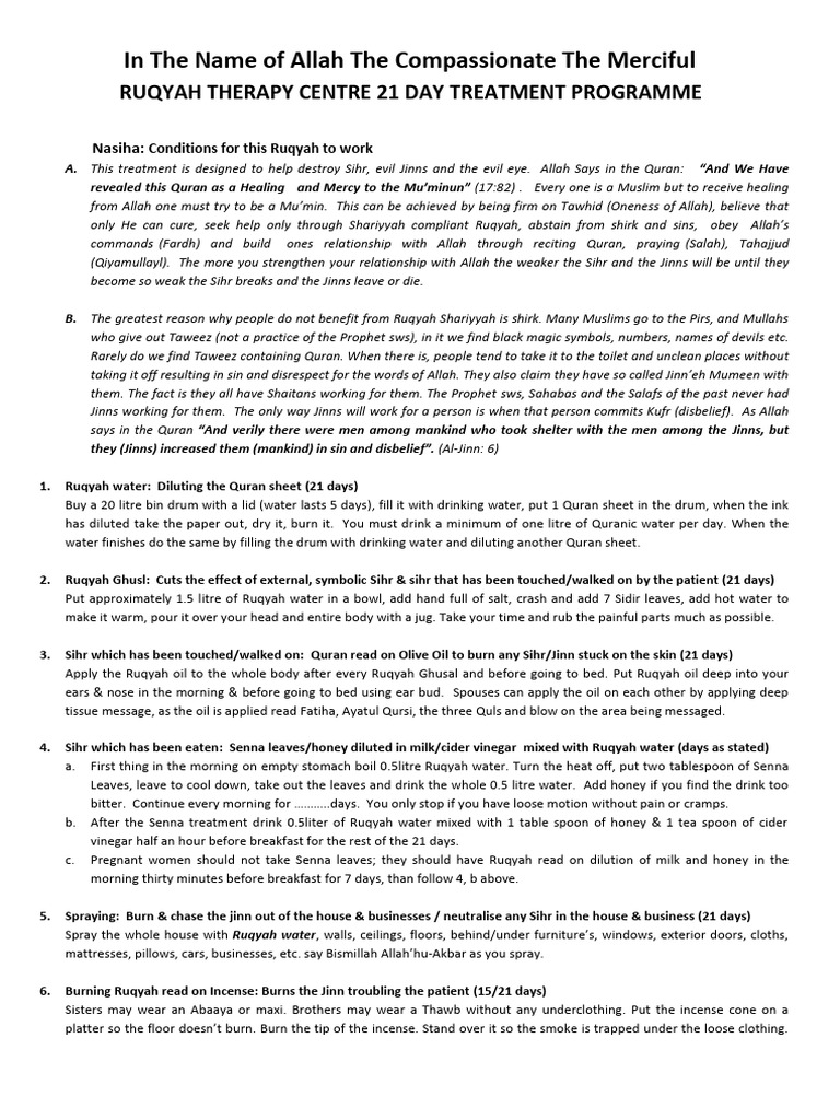 Ruqyah Therapy Centre 21 Day Treatment Programme | PDF | Jinn | Hadith